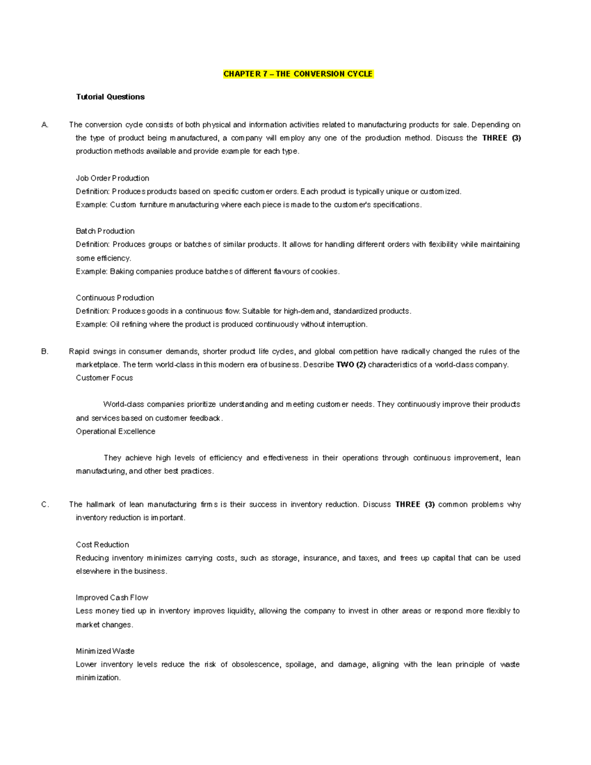 TUTO Chapter 7 - CHAPTER 7 – THE CONVERSION CYCLE Tutorial Questions A. The conversion cycle ...