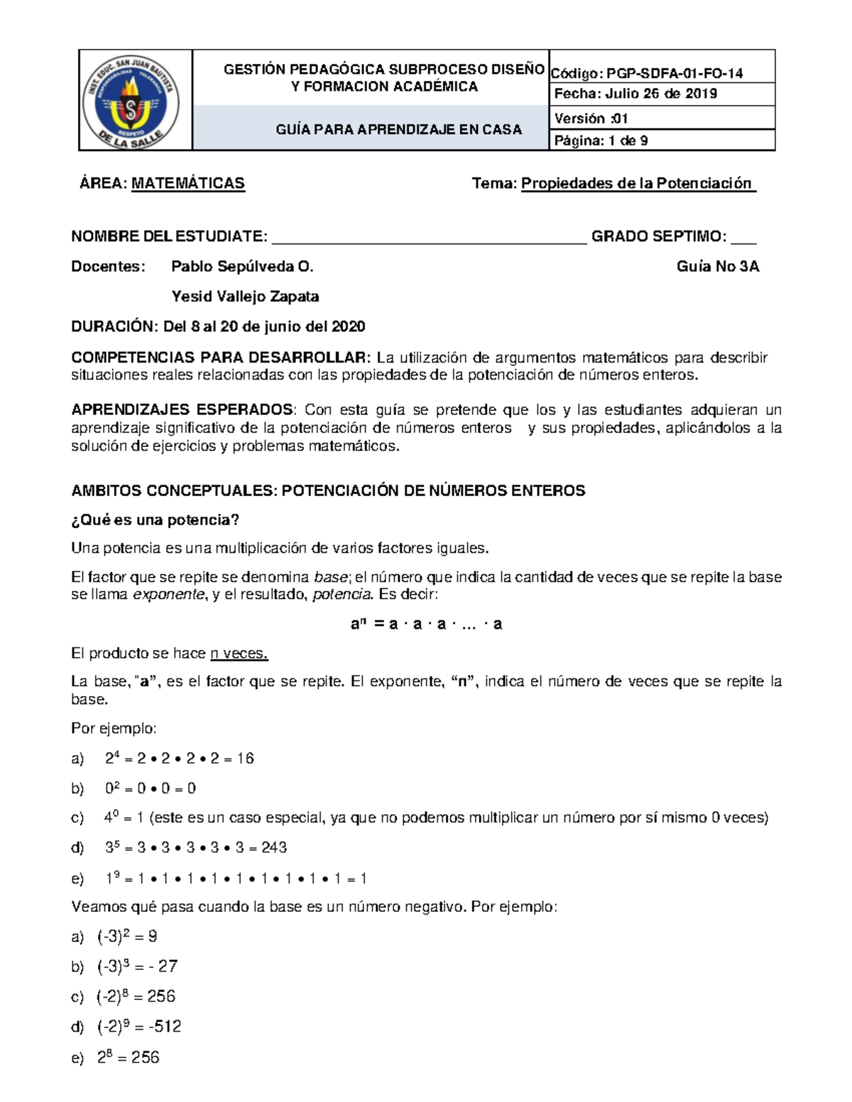GUIA DE Trabajo No 3A Matematicas 7° - Y FORMACION ACADÉMICA Código ...