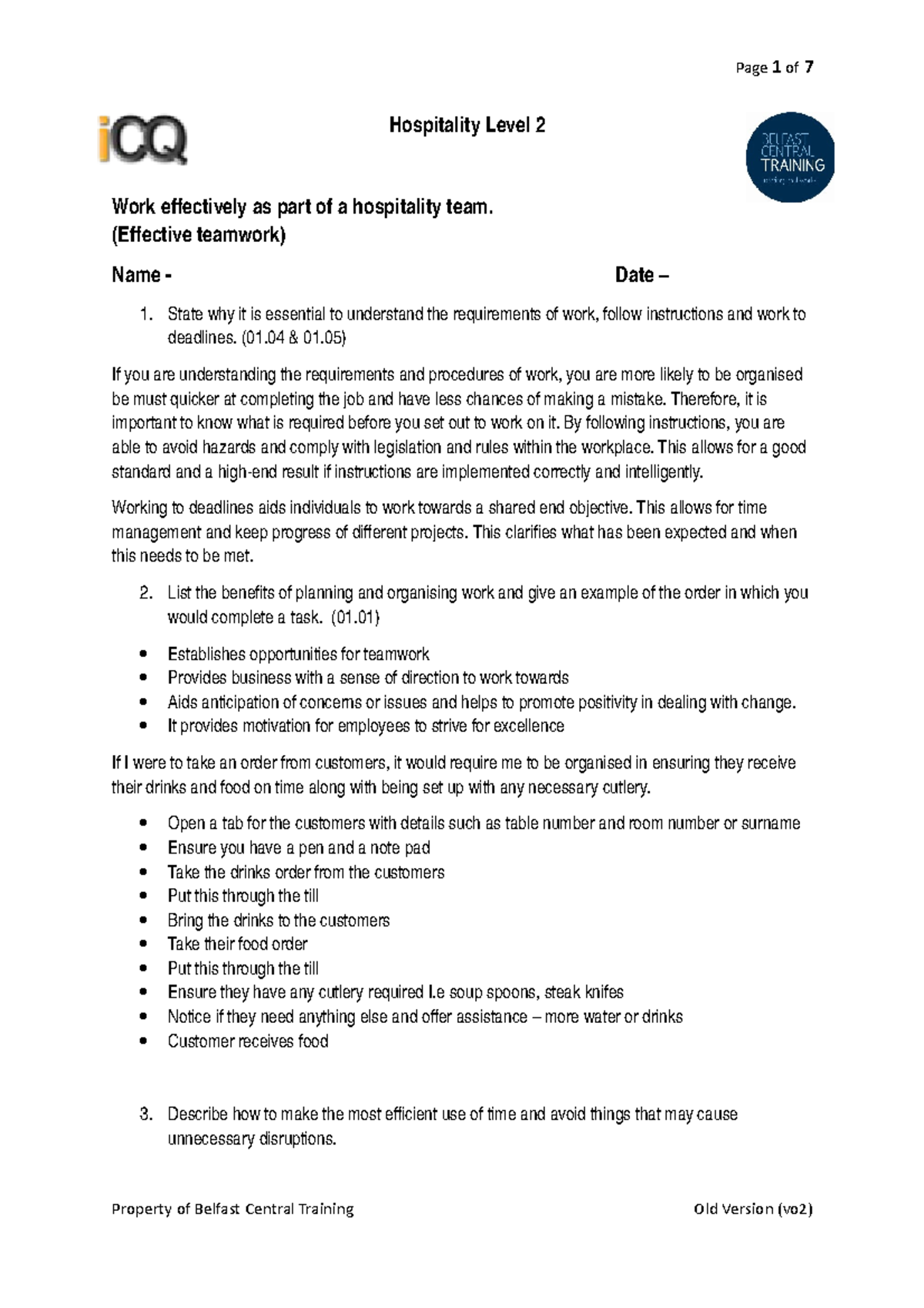 Exam 2020, questions and answers - Hospitality Level 2 Work efectively ...