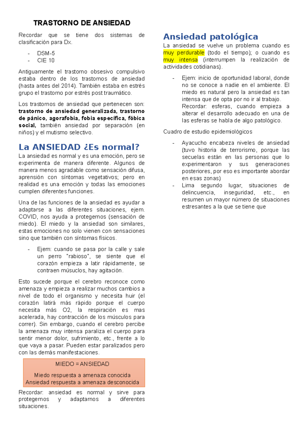 S6 Trastorno DE Ansiedad - TRASTORNO DE ANSIEDAD Recordar que se tiene dos sistemas de ...