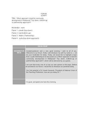 English Forum Script Sample - F ORUM SCRIPT DIAGLOGUE MODERATOR ...