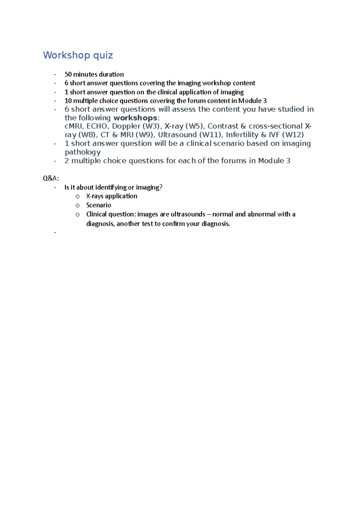 ANAT3007 Workshop qa - Workshop quiz 50 minutes duration 6 short answer ...