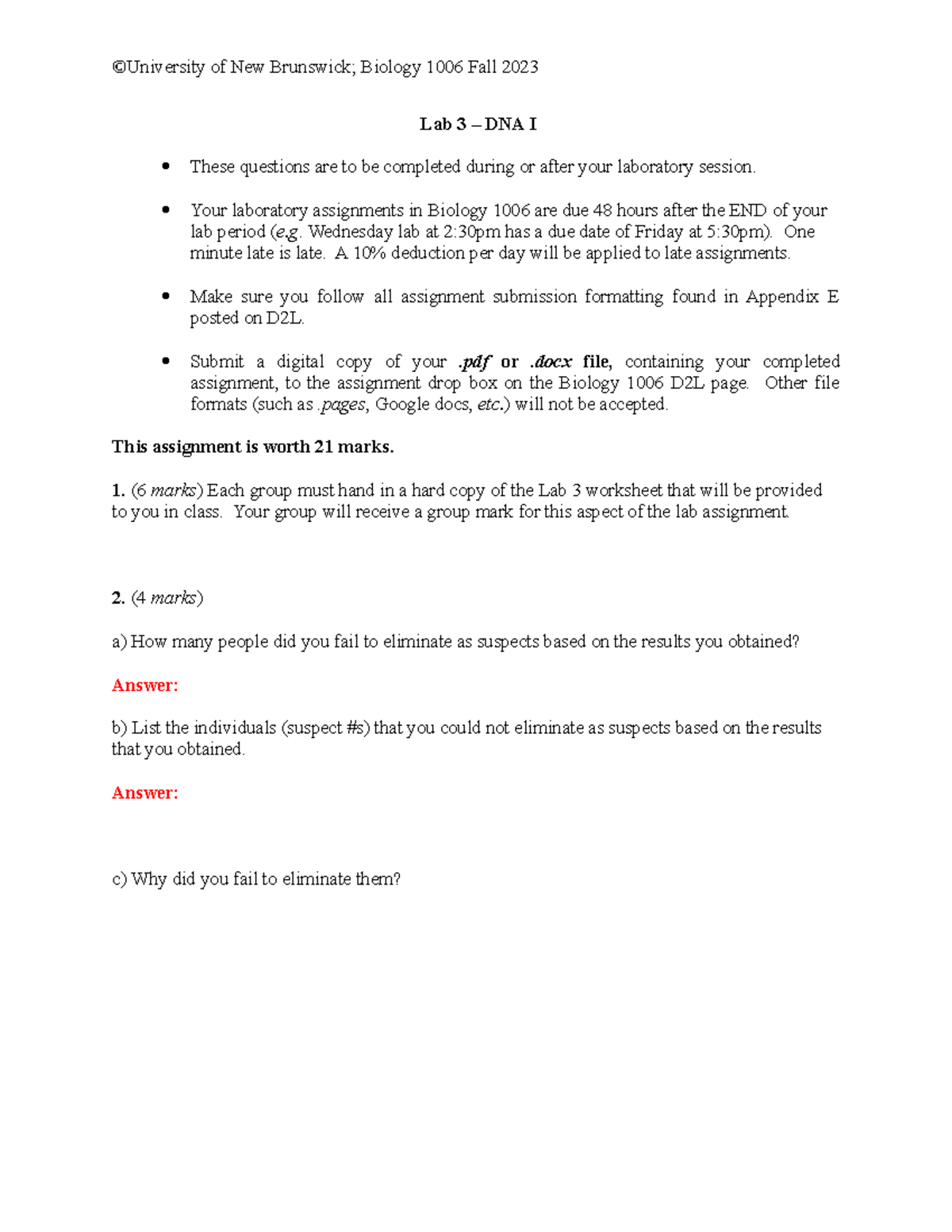 Biol 1006 Lab 3 Assignment 2023 - ÓUniversity of New Brunswick; Biology ...