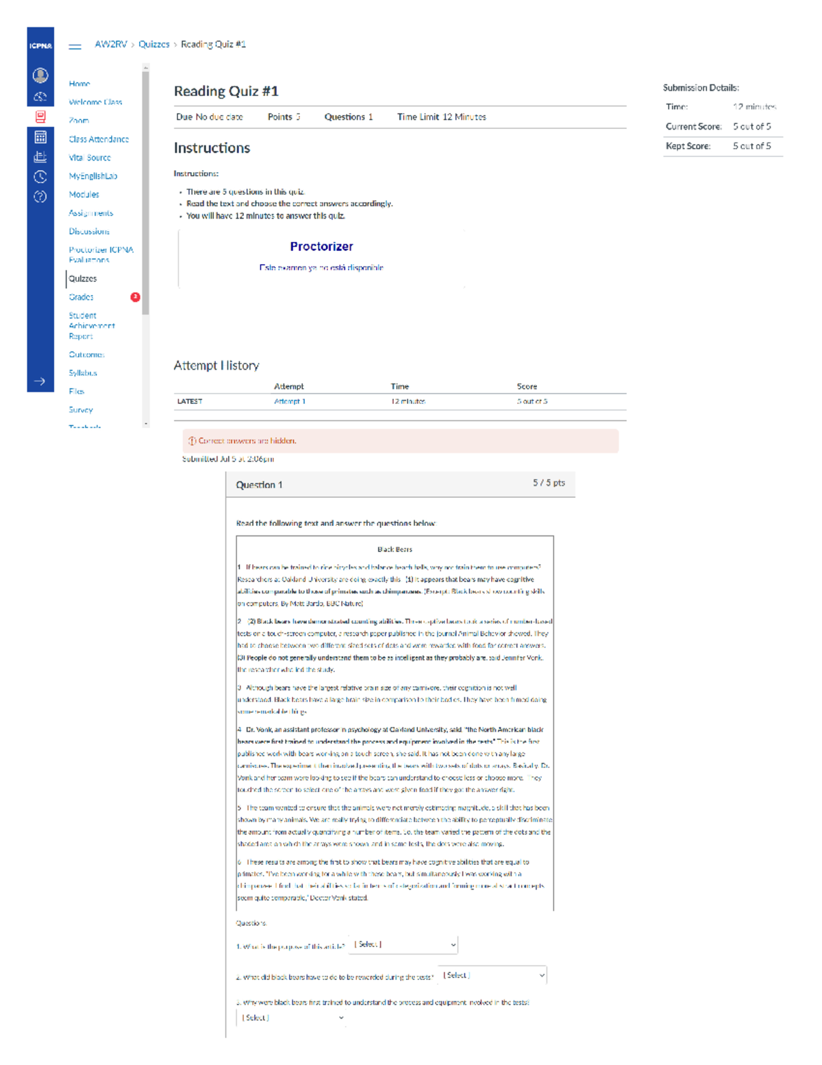 QUIZ 1 Avanzado 11 - Quiz 1 - ICPNA AW2RV Quizzes Reading Quiz Home Reading Quiz Submission ...