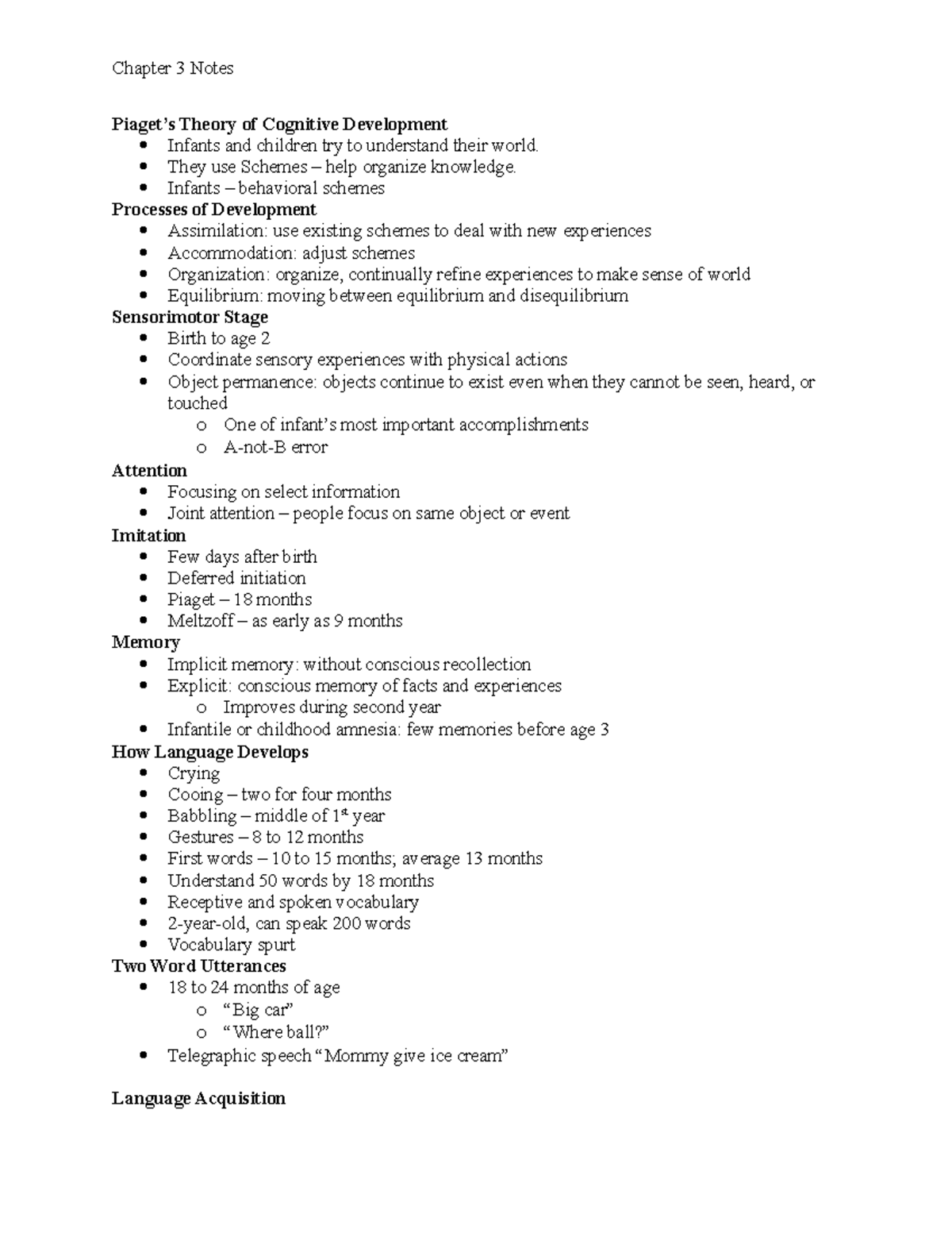 Chapter 3 Notes - Chapter 3 Notes Piaget’s Theory of Cognitive ...