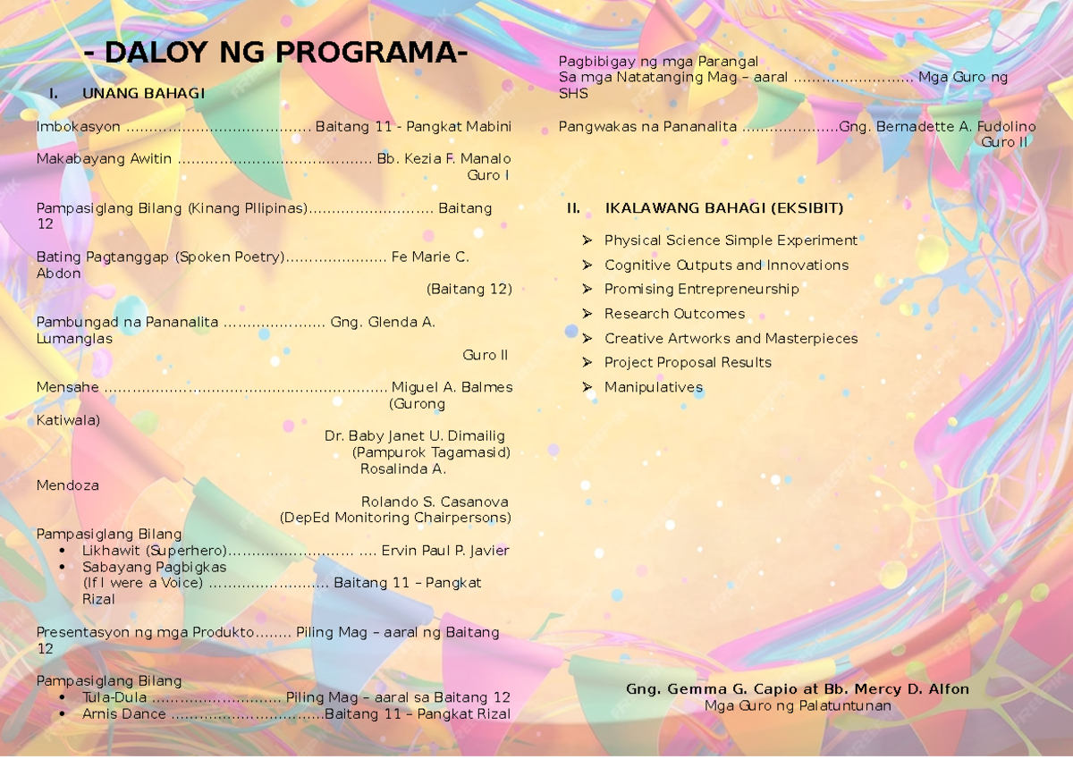 Program SHS Spectacular - DALOY NG PROGRAMA- I. UNANG BAHAGI Imbokasyon ...