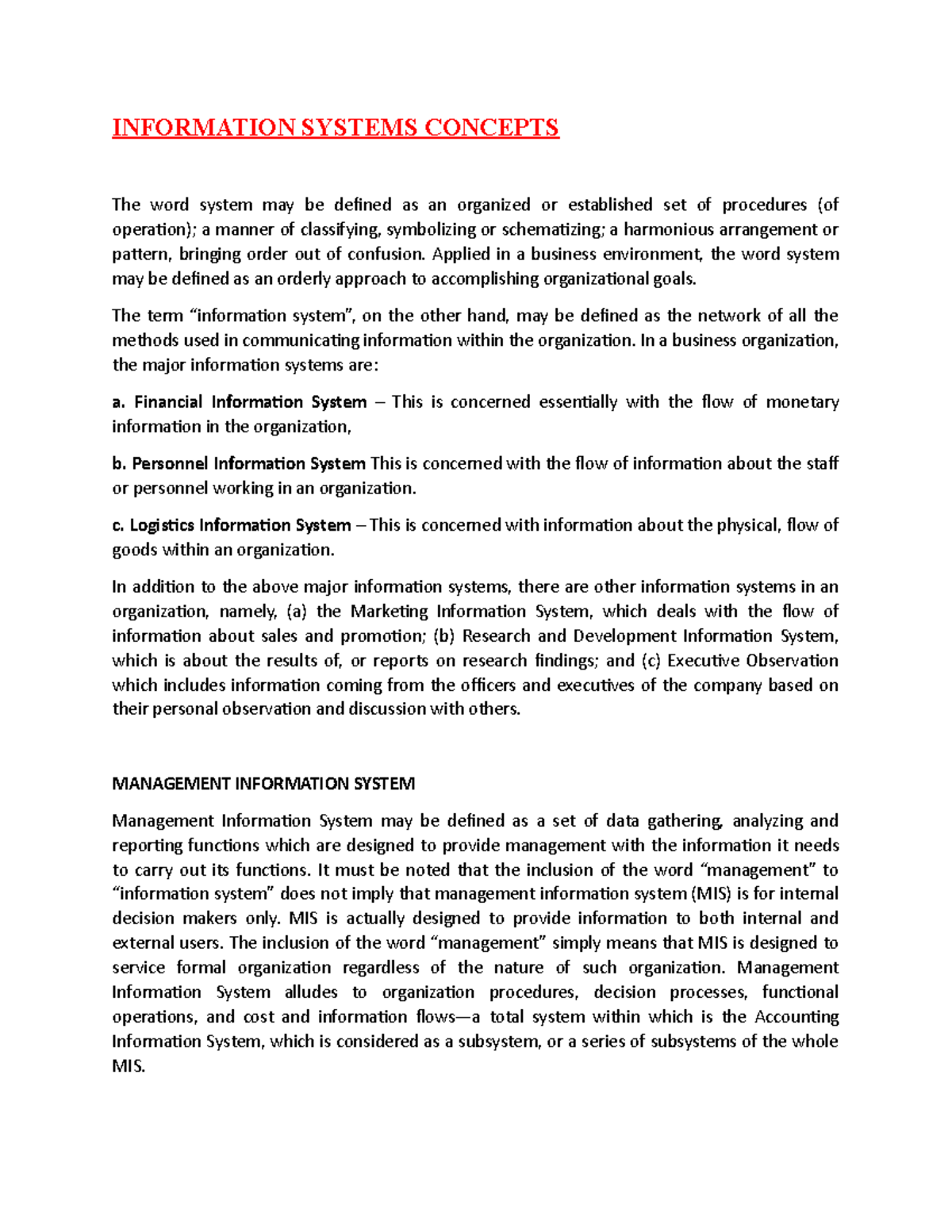 Information Systems Concepts Information Systems Concepts The Word System May Be Defined As An