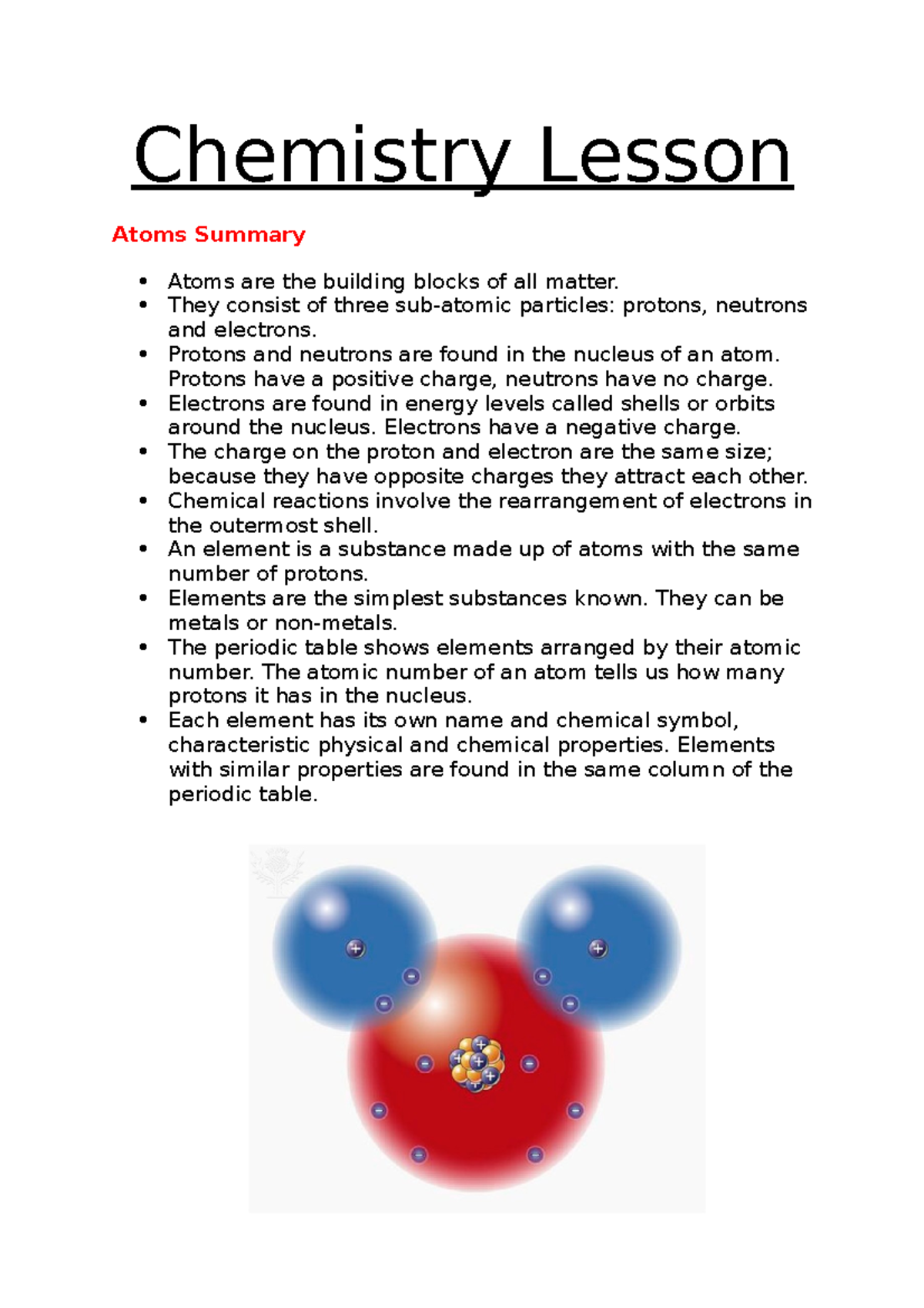 Chemistry Lesson - Chem prework BIOL121 - Chemistry Lesson Atoms ...