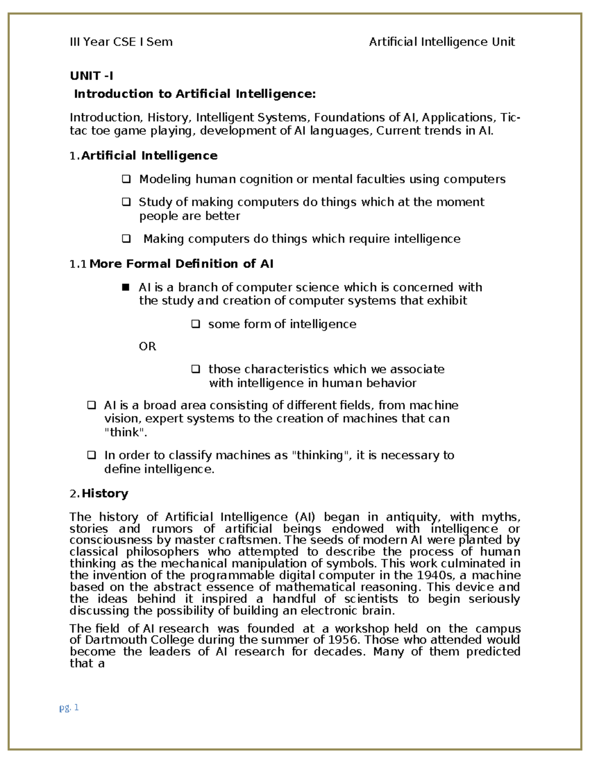 A.I UNIT-1 - ntg - I UNIT – I Introduction to Artificial Intelligence: Introduction, History ...