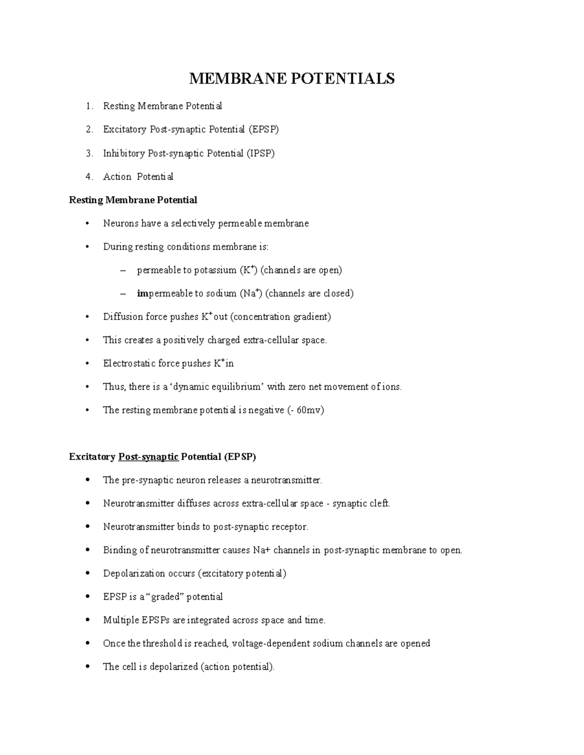 Membrane Potentials Keynotes - MEMBRANE POTENTIALS Resting Membrane ...