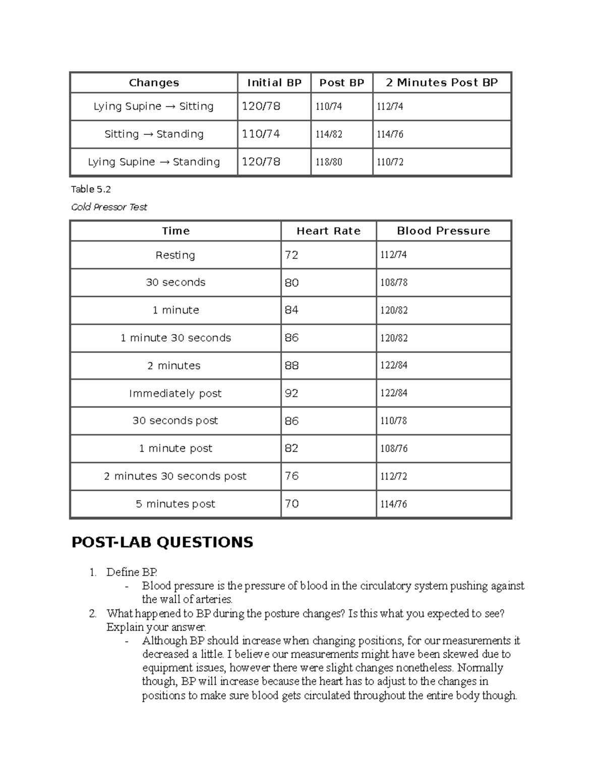 EXS-340L Lab 5 - Lab questions - Changes Initial BP Post BP 2 Minutes ...