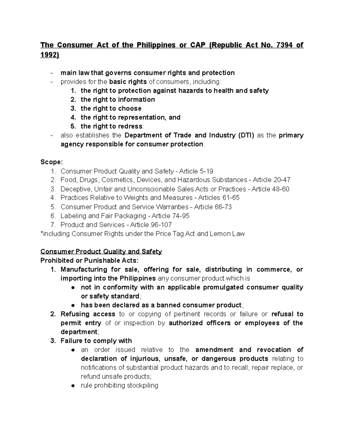 Consumer Act of the Philippines or CAP TG - 7394 of 1992) main law that ...