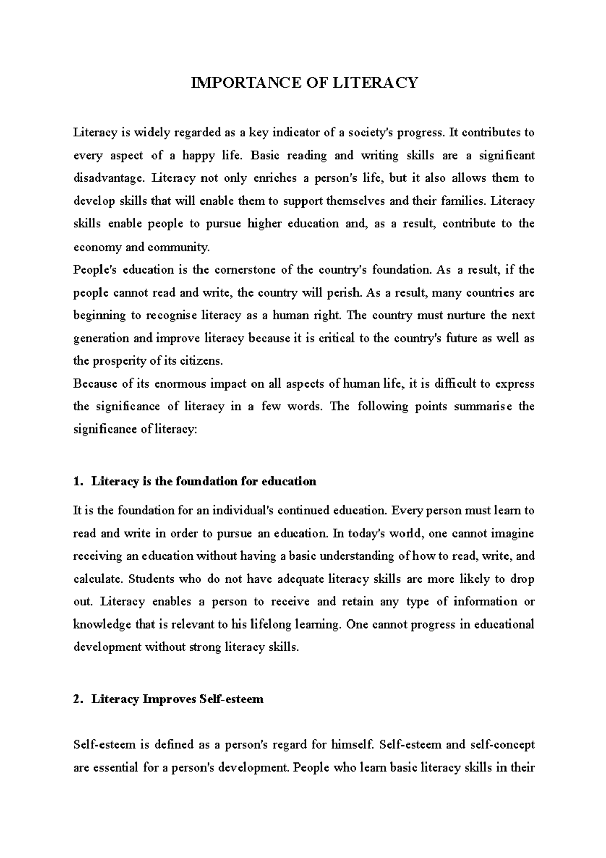 Importance OF Literacy IMPORTANCE OF LITERACY Literacy Is Widely