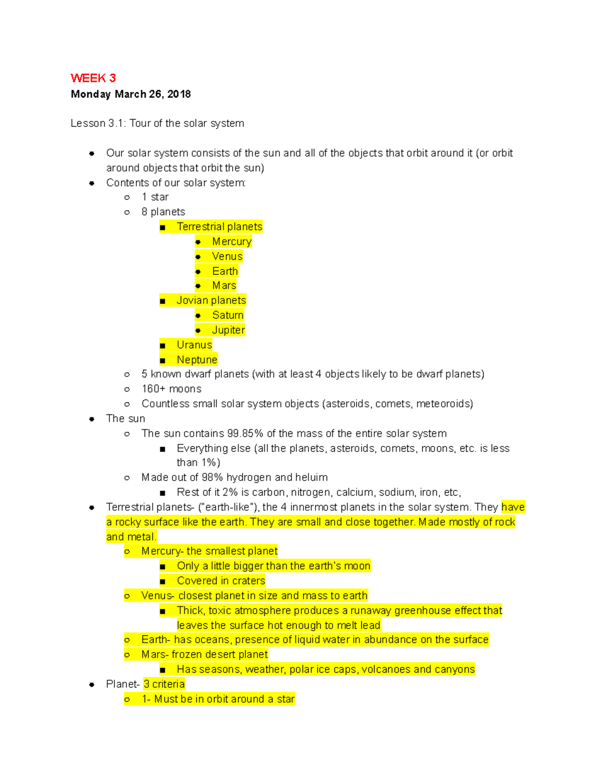 ASTR 100 class notes for 2 midterm - WEEK 3 Monday March 26, 2018 ...