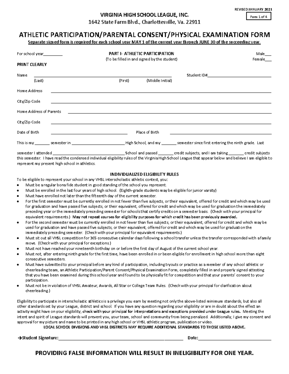 Physical Examination Form - VIRGINIA HIGH SCHOOL LEAGUE, INC. 1642 ...
