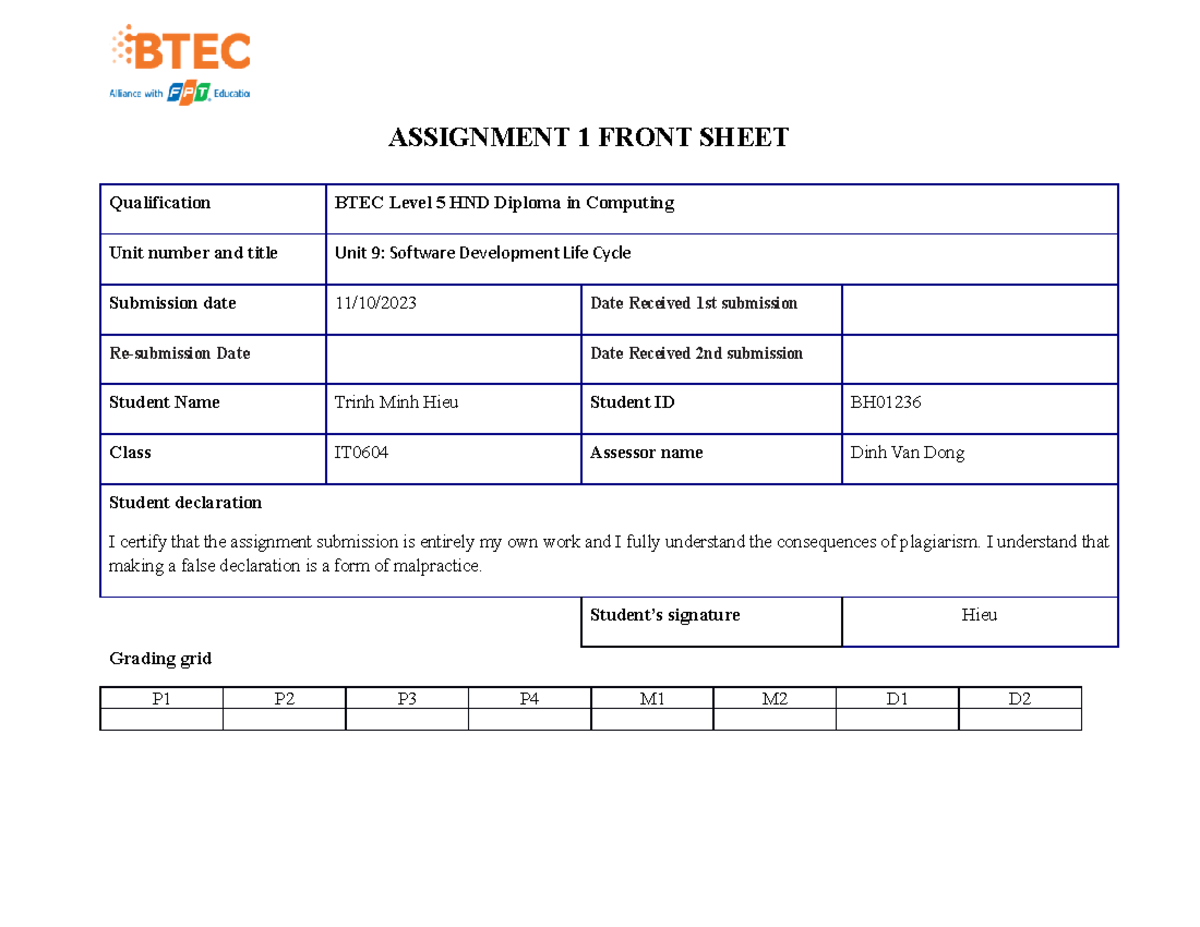 SDLC - Assignment 1 Frontsheet - ASSIGNMENT 1 FRONT SHEET Qualification BTEC Level 5 HND Diploma ...