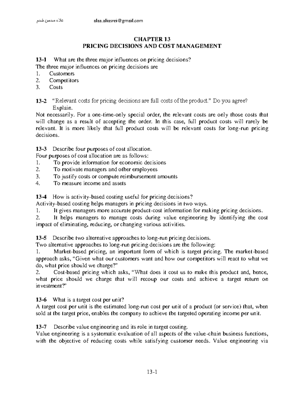 HORN Ch13 SM - لبلب - CHAPTER 13 PRICING DECISIONS AND COST MANAGEMENT 13-1 What are the three ...