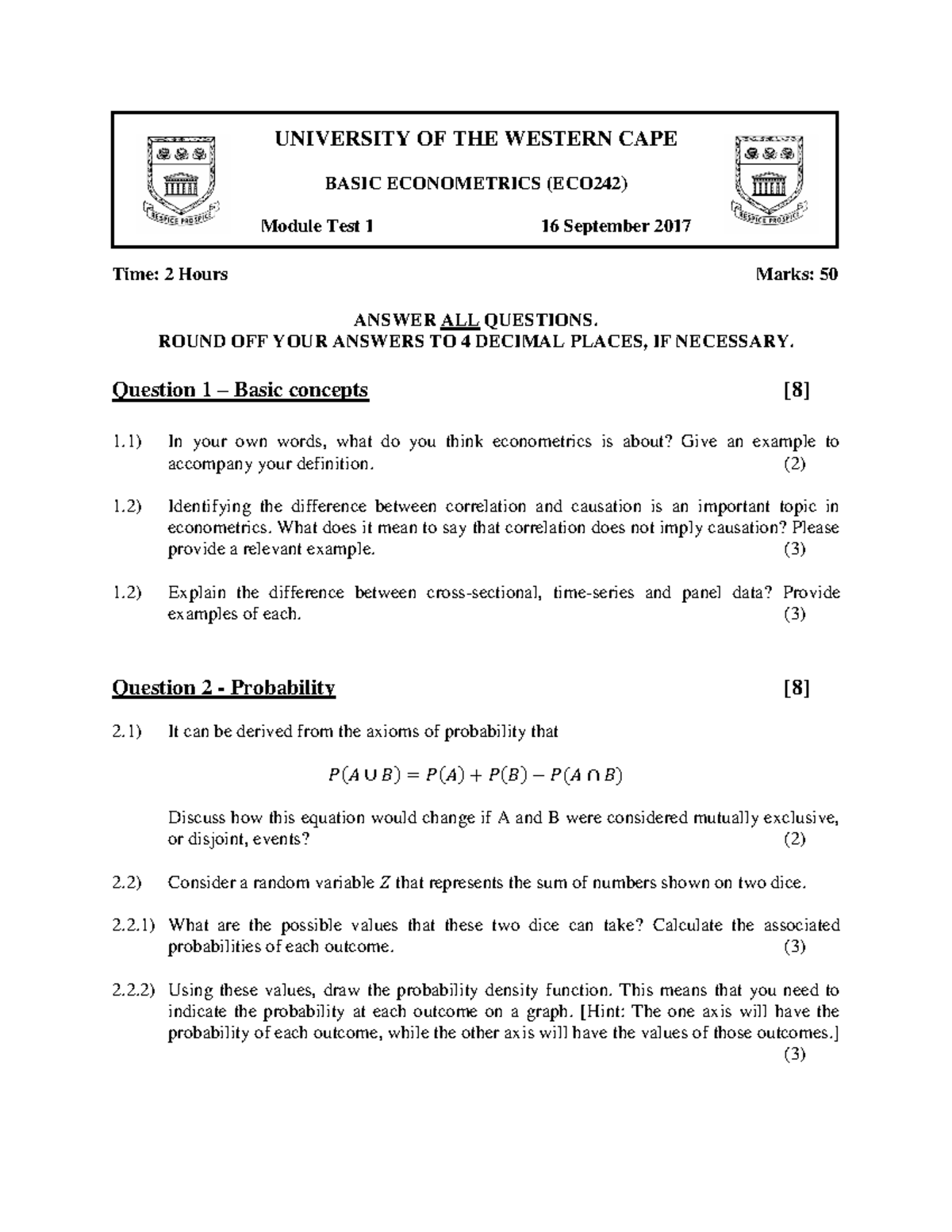 ECO-242-2017-Module Test 1 - UNIVERSITY OF THE WESTERN CAPE BASIC ...
