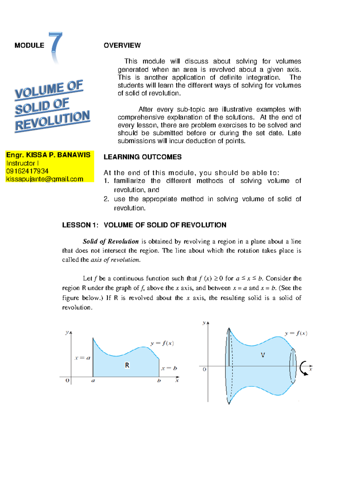 Module 7 Volume of Revolution - OVERVIEW This module will discuss about ...