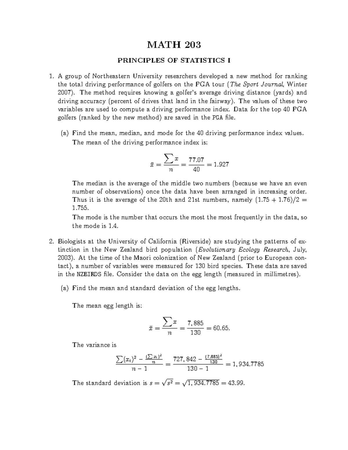 Examples Of Answers 3 - Document - MATH 203 PRINCIPLES OF STATISTICS I ...