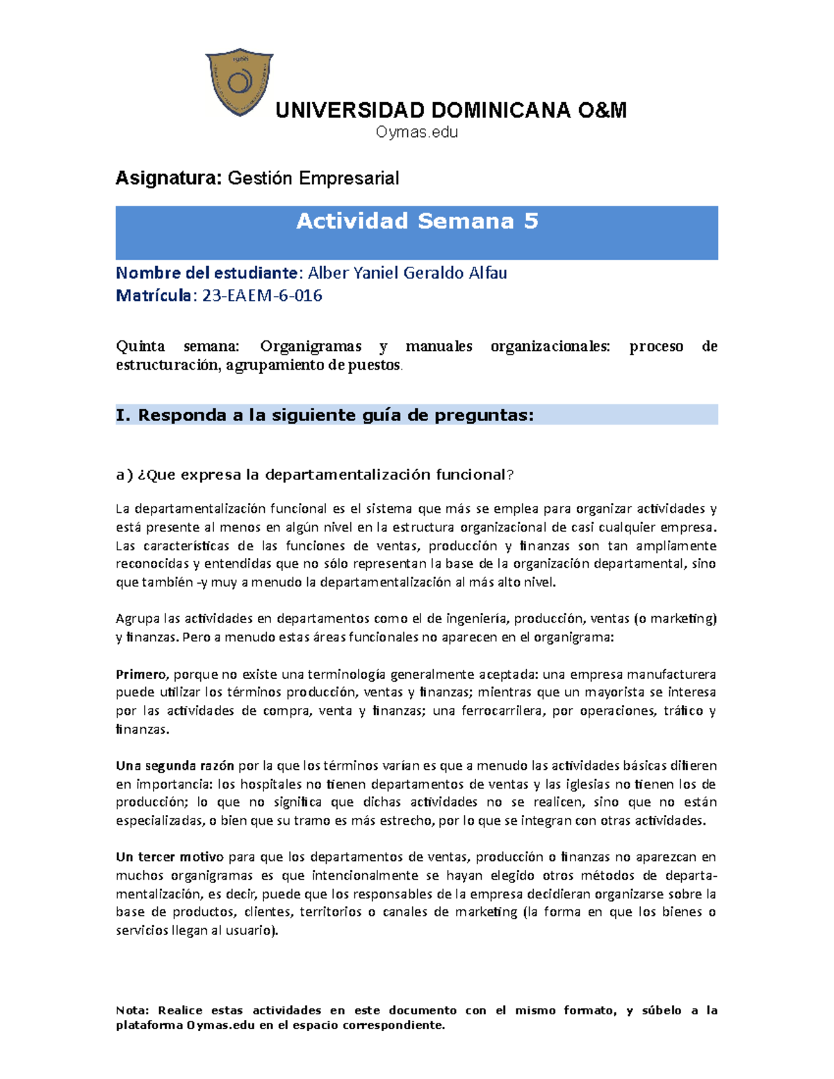 Actividad Semana 5 Gestión Empresarial - Oymas Asignatura: Gestión ...