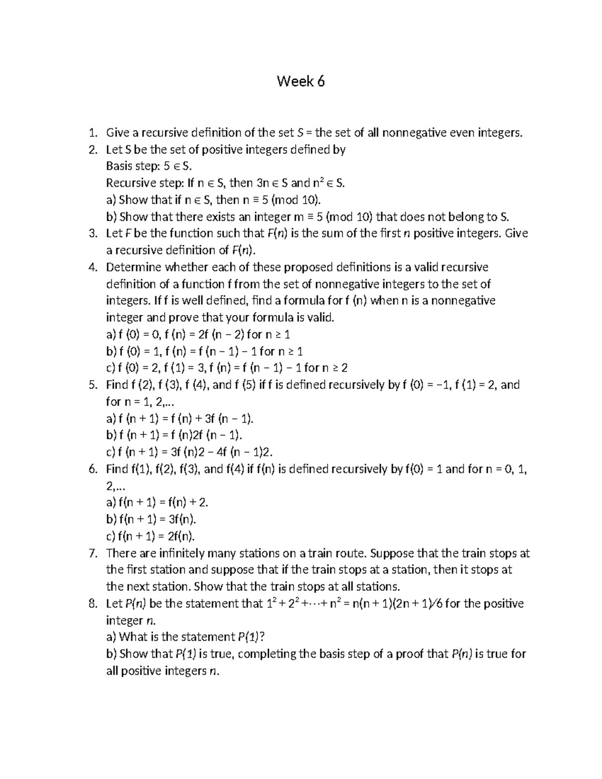 Week 6 - Recursive & induction Proofs - Week 6 Give a recursive definition of the set S = the ...