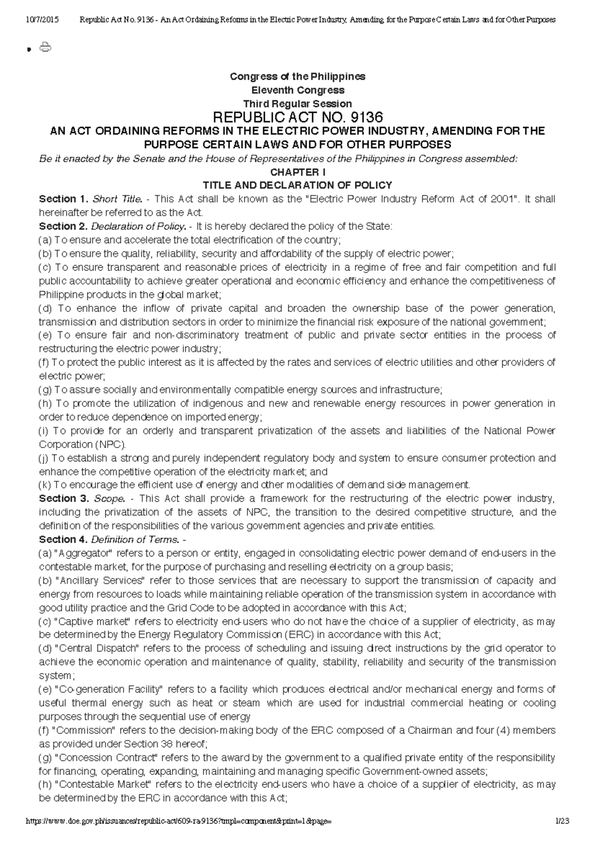 Republic Act No 9136 - This is all about for EPIRA LAW - Congress of ...