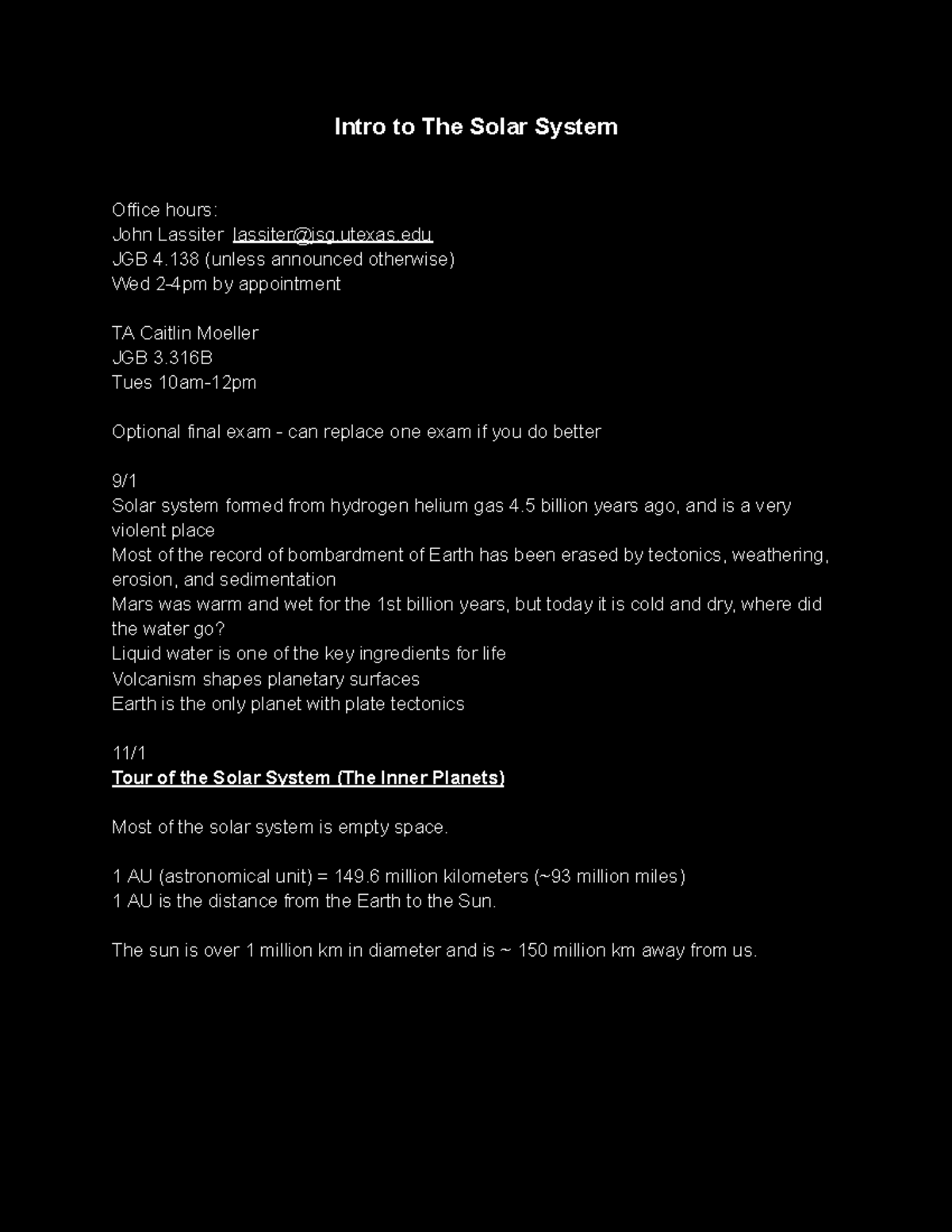 Solar System Class Notes - Intro to The Solar System Office hours: John ...