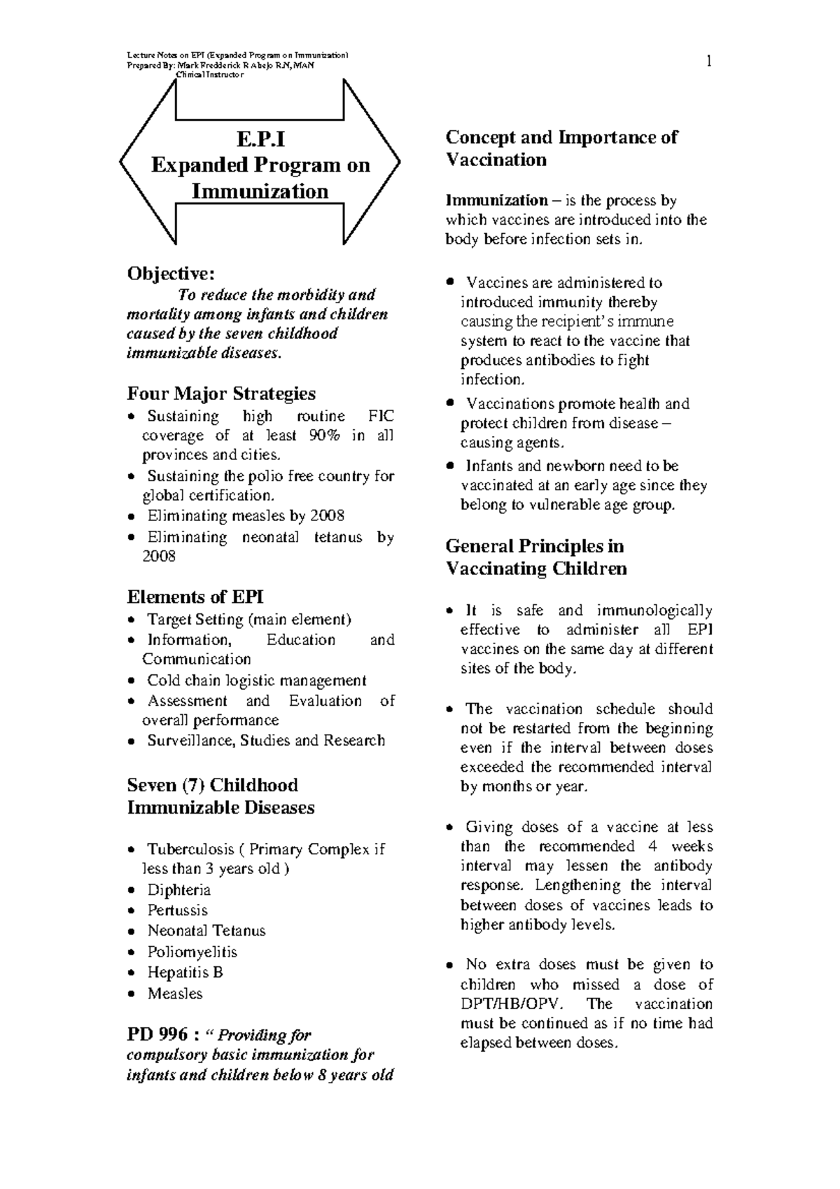 EPI-Vaccines-Handouts - Prepared By: Mark Fredderick R Abejo R, MAN ...
