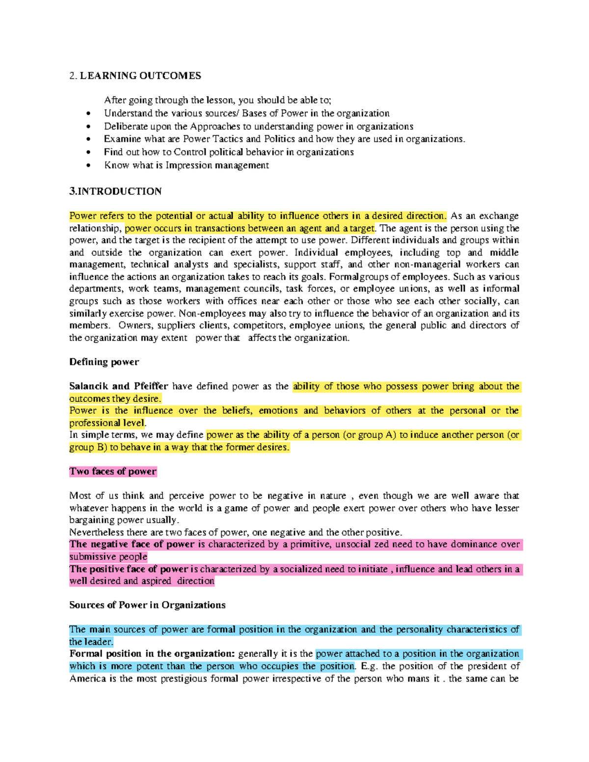 1. Power, Types of power - 2. LEARNING OUTCOMES After going through the ...