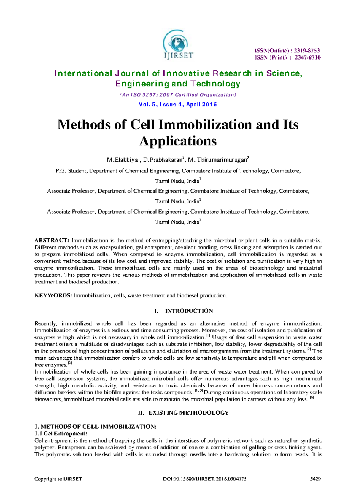 Cell immobilization Lecture 3 - ISSN (Print) : 2347- International ...