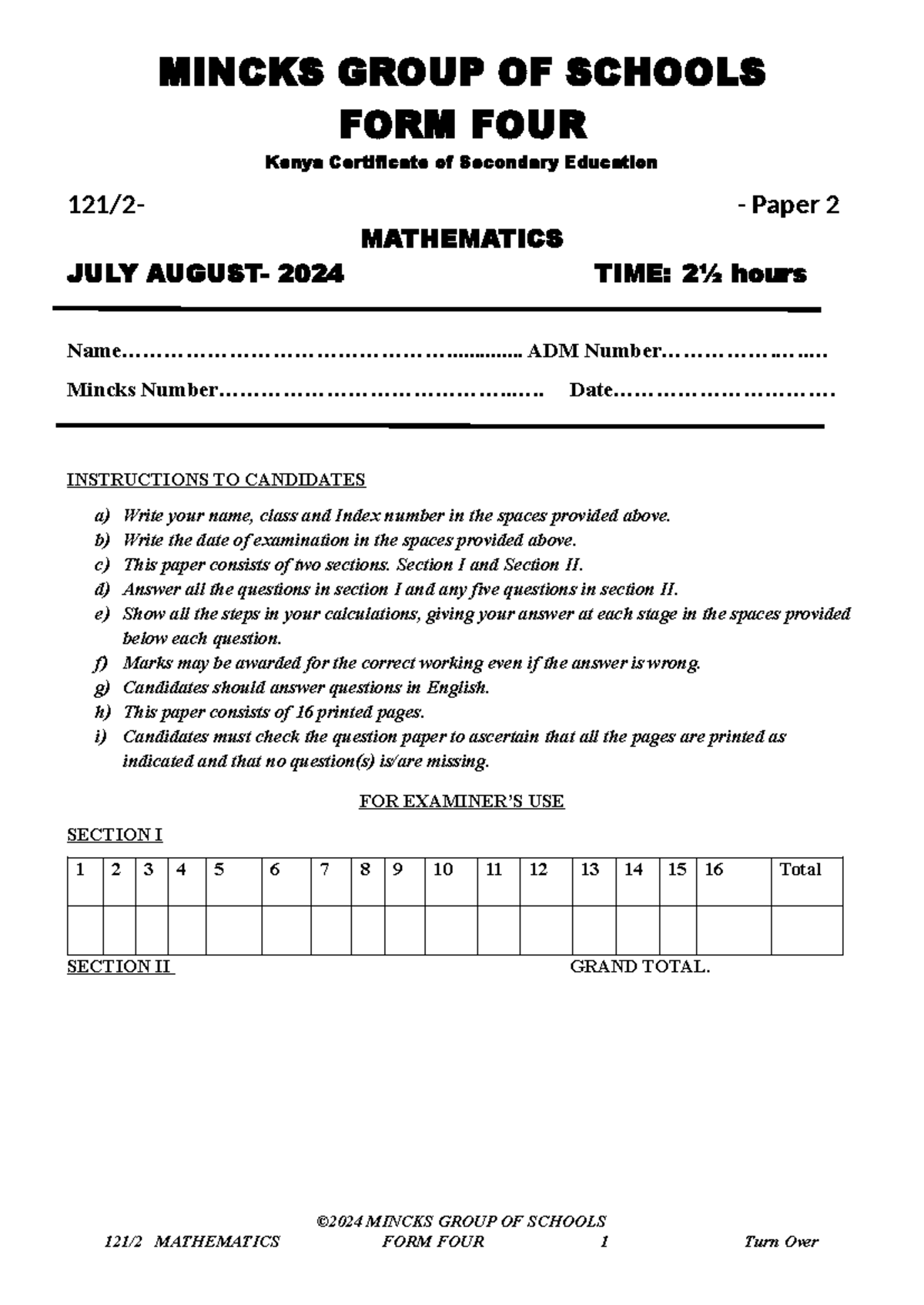 FORM 4 Maths Paper 2 END TERM 2 2024 - MINCKS GROUP OF SCHOOLS FORM ...