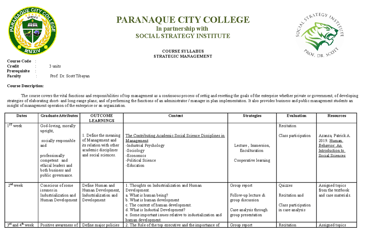 Strategic Management Syllabus-PCC - PARANAQUE CITY COLLEGE In partnership with SOCIAL STRATEGY ...