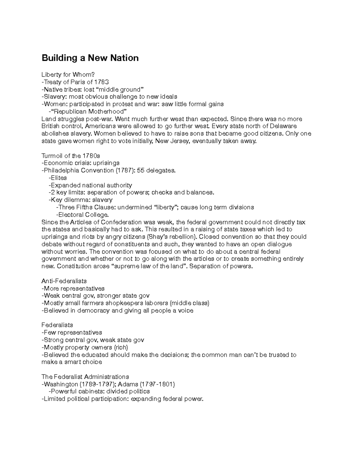 Building a New Nation - Lecture notes 10 - Building a New Nation ...