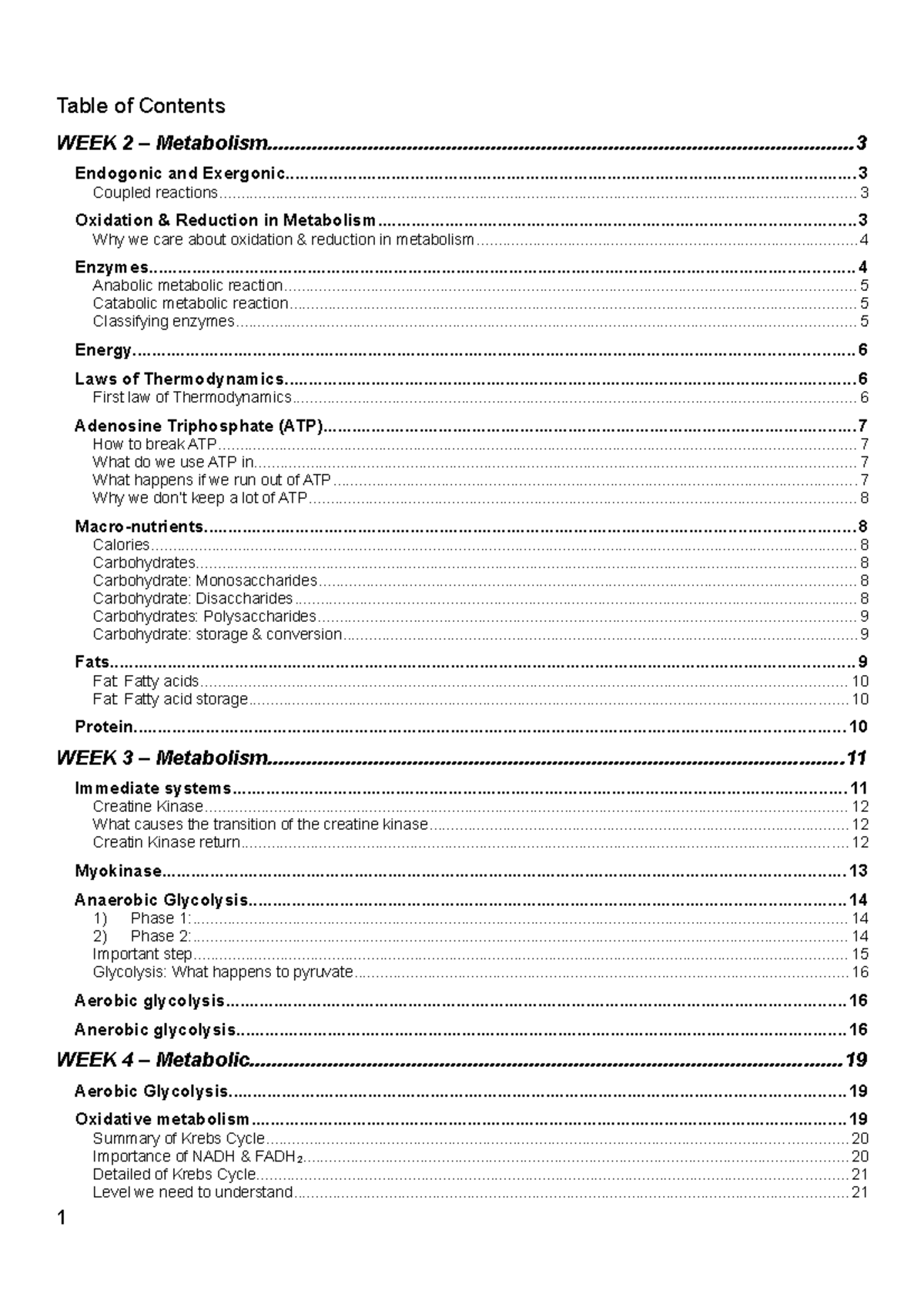 EXSS1036 Metabolism Lecture notes - Table of Contents WEEK 2 – - Studocu