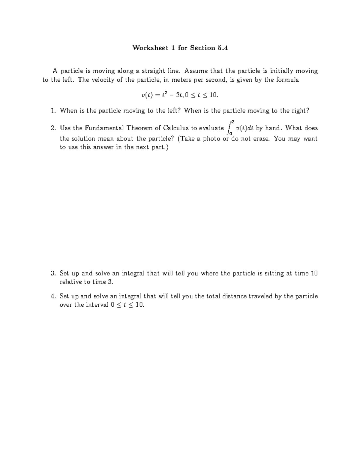 S23 worksheet 1 5 4 - Worksheet 1 for Section 5. A particle is moving ...