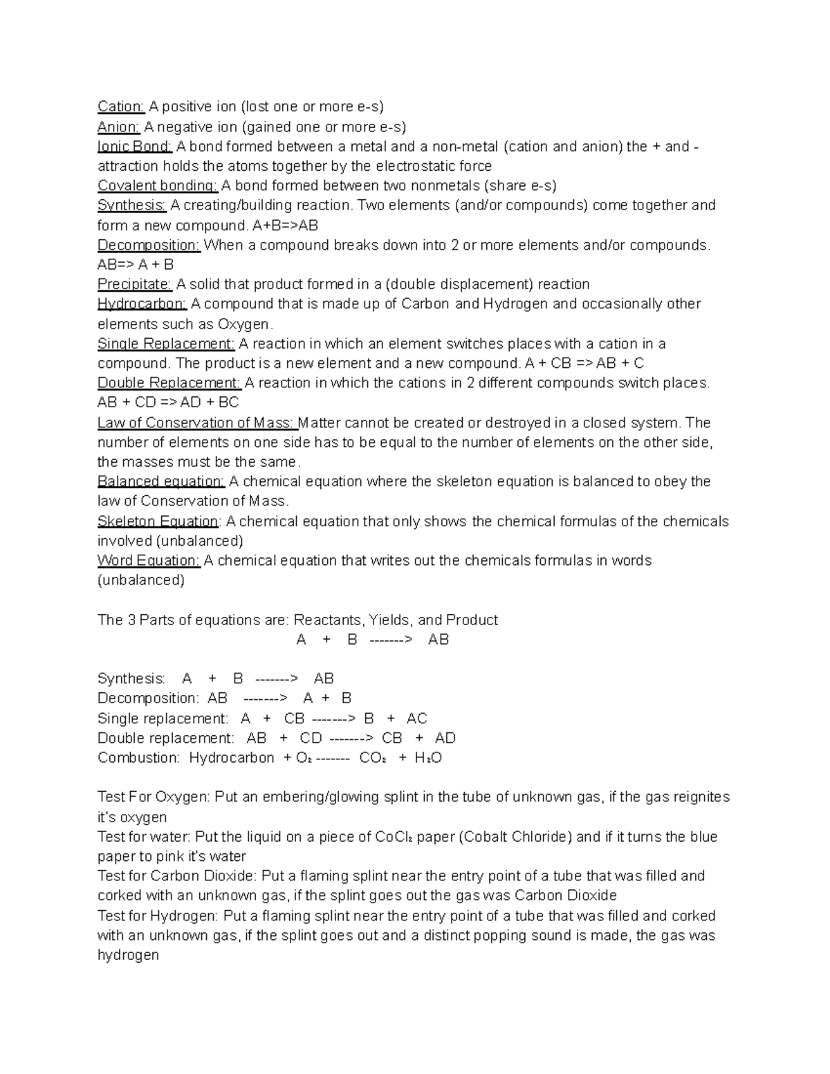 Science Test - Chem Test Review - Cation: A positive ion (lost one or ...