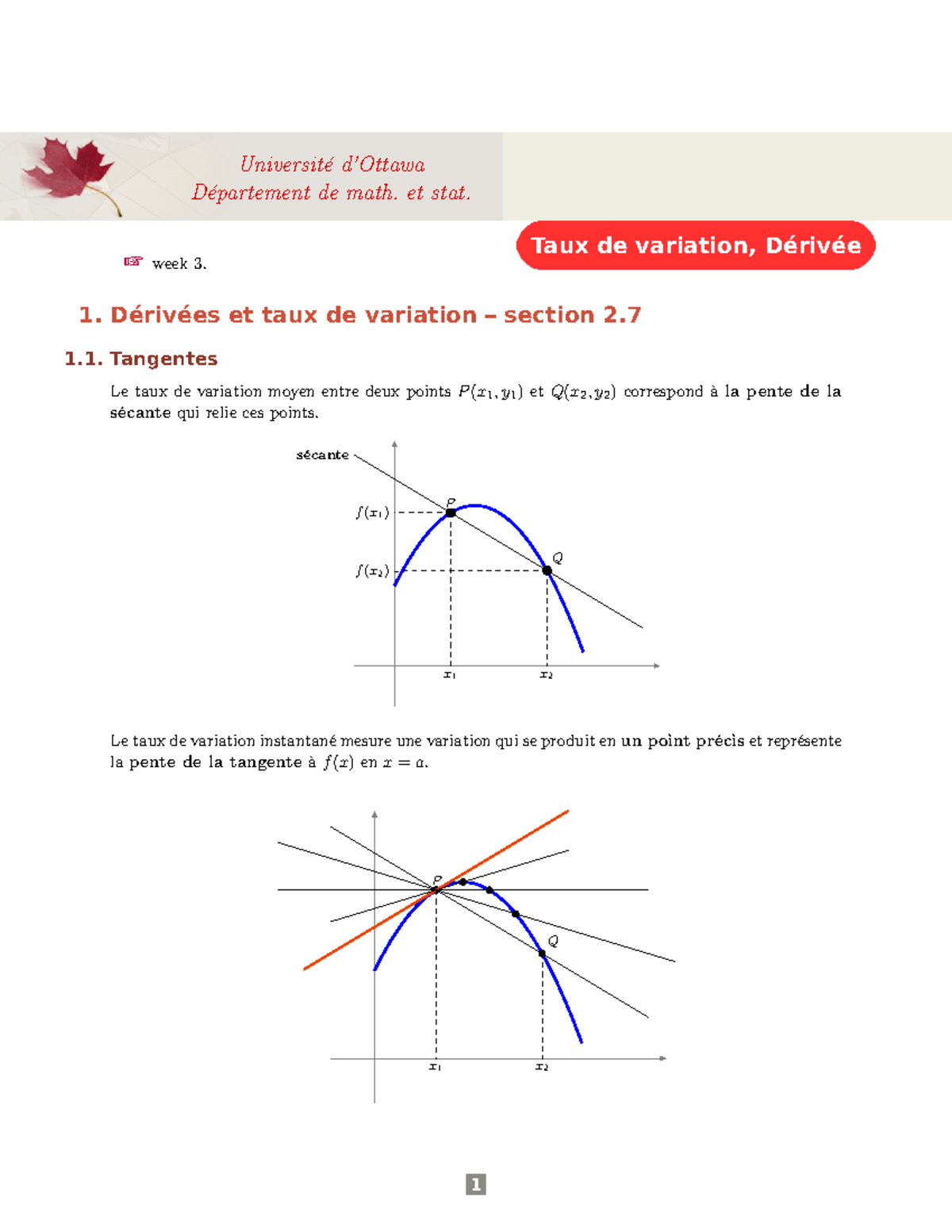 Dérivée - Cours - Taux de variation, Dérivée Université d’Ottawa ...