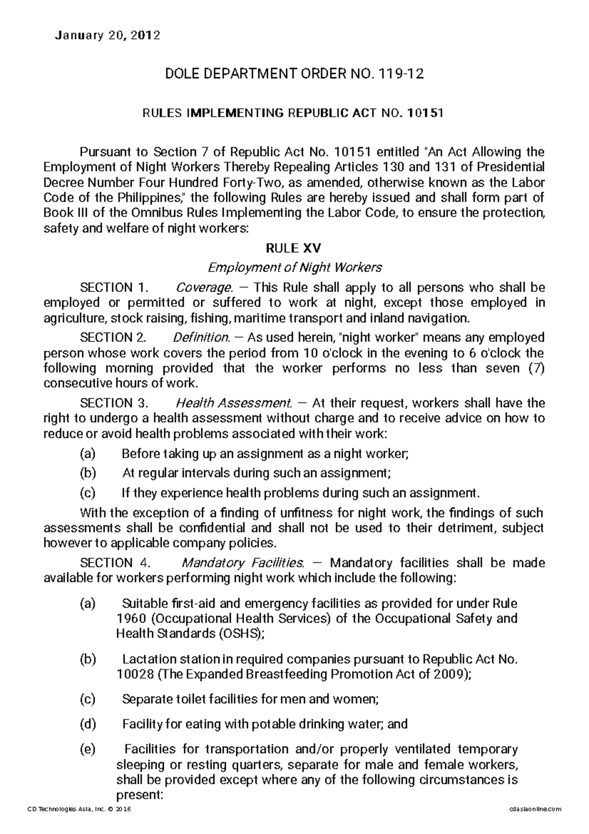DO 119-12 IRR Act No. 10151 Night Workers - January 20, 2012January 20, 2012 DOLE DEPARTMENT ...
