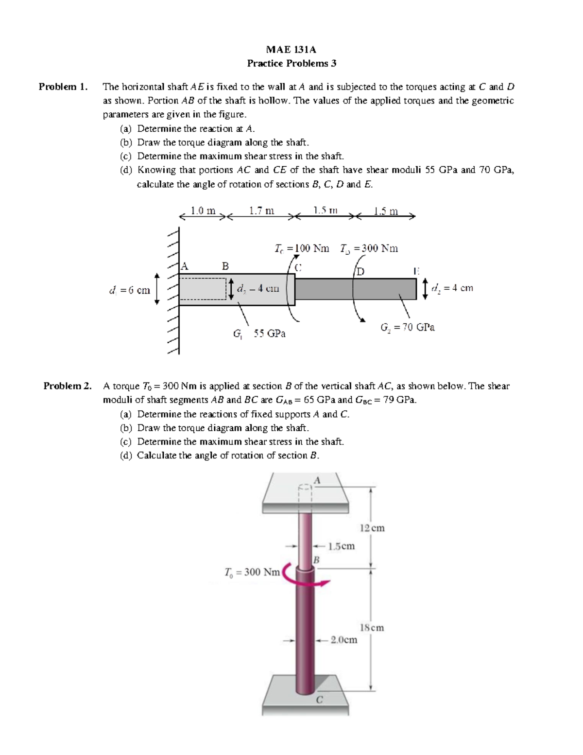 PP3 - Solutions - solid mech - MAE 131A Practice Problems 3 Problem 1. The horizontal shaft AE ...