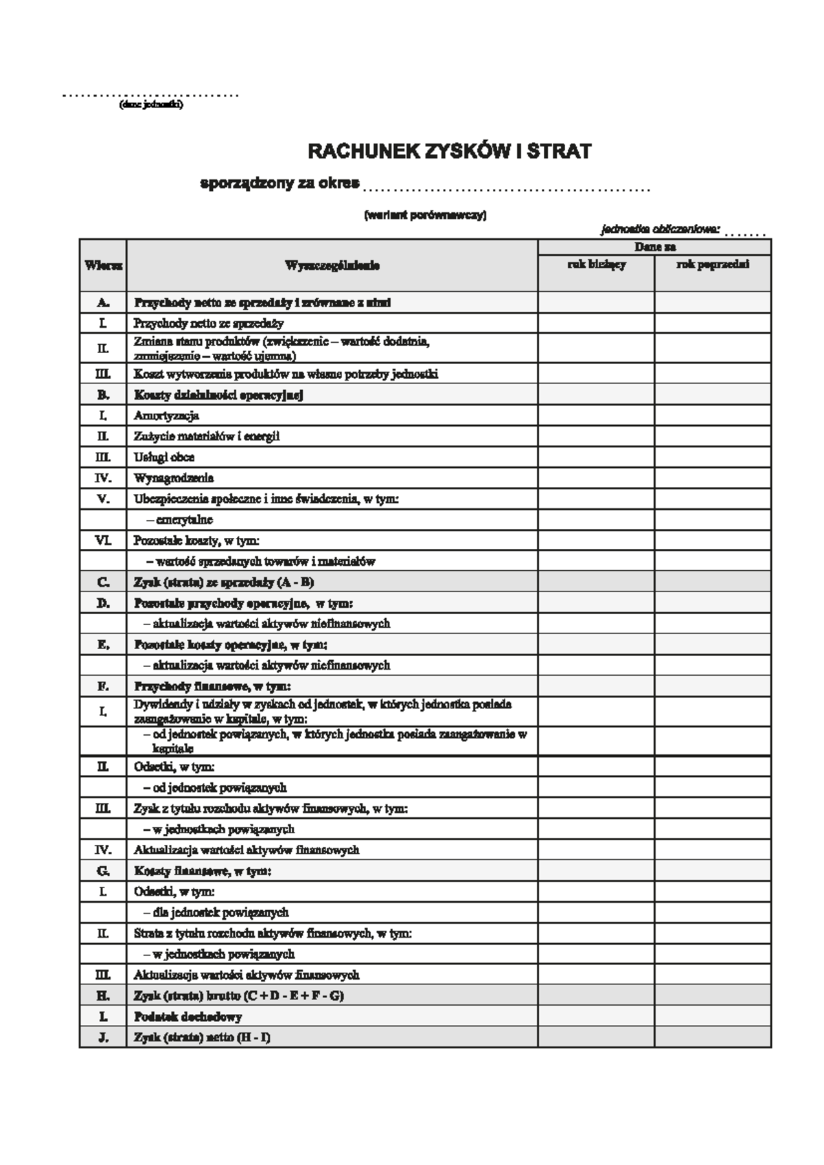 WZÓR rachunku zysków i strat porównawczy - (dane jednostki) RACHUNEK ...