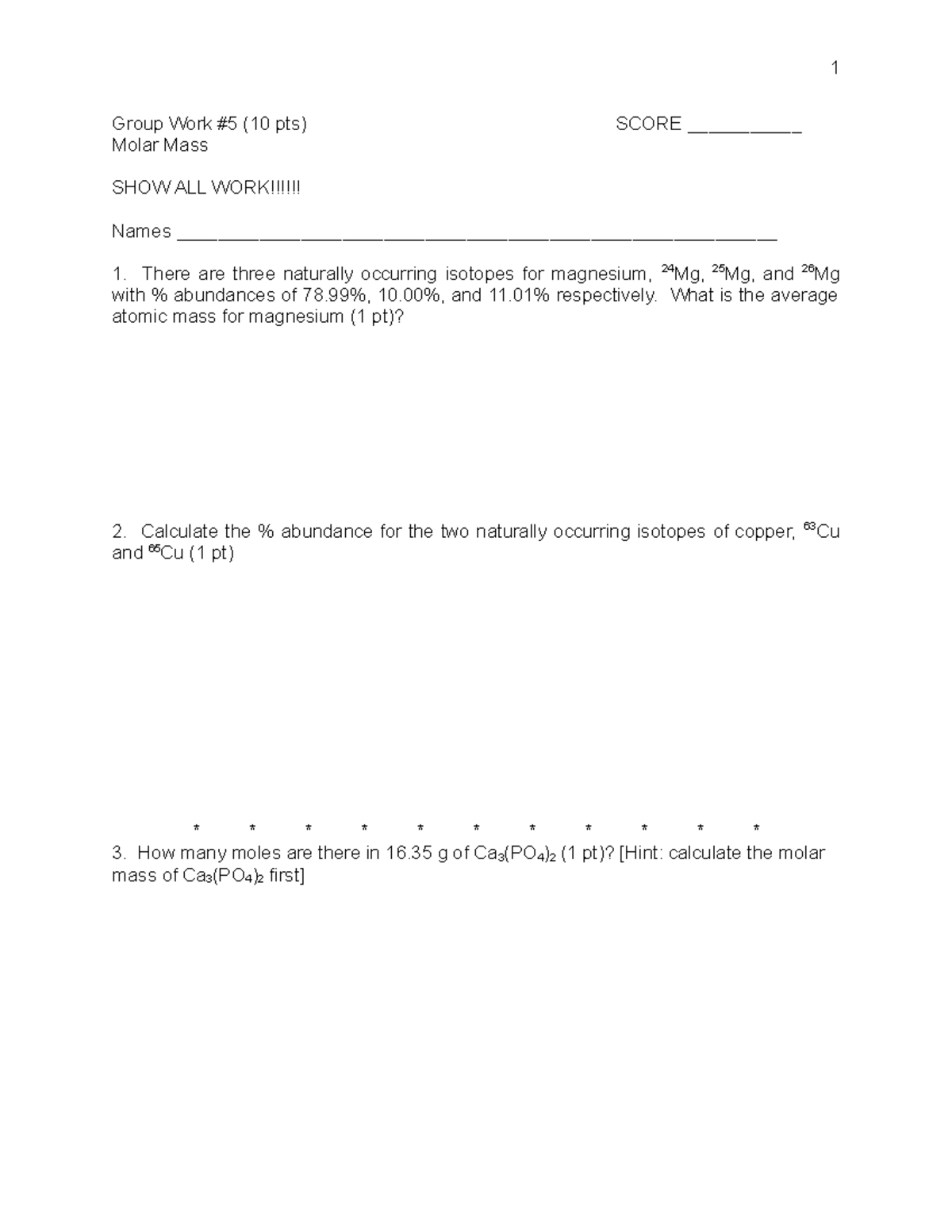 5 Isotopes Molar Mass - 1 Group Work #5 (10 pts) SCORE ...
