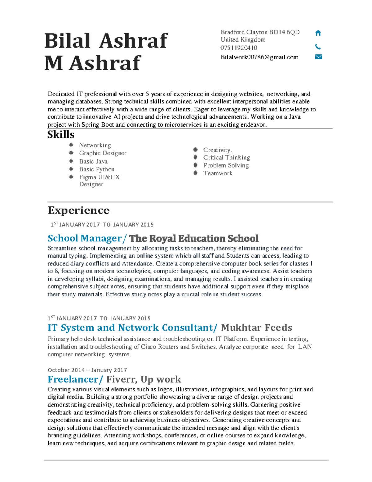 CV - this - Bilal Ashraf M Ashraf Dedicated IT professional with over 5 ...