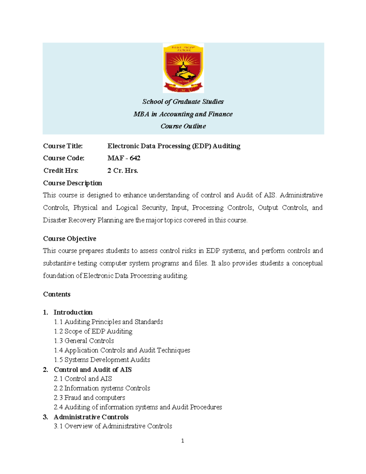 Course Outline EDP Auditing March 2023 - auditing principles and ...