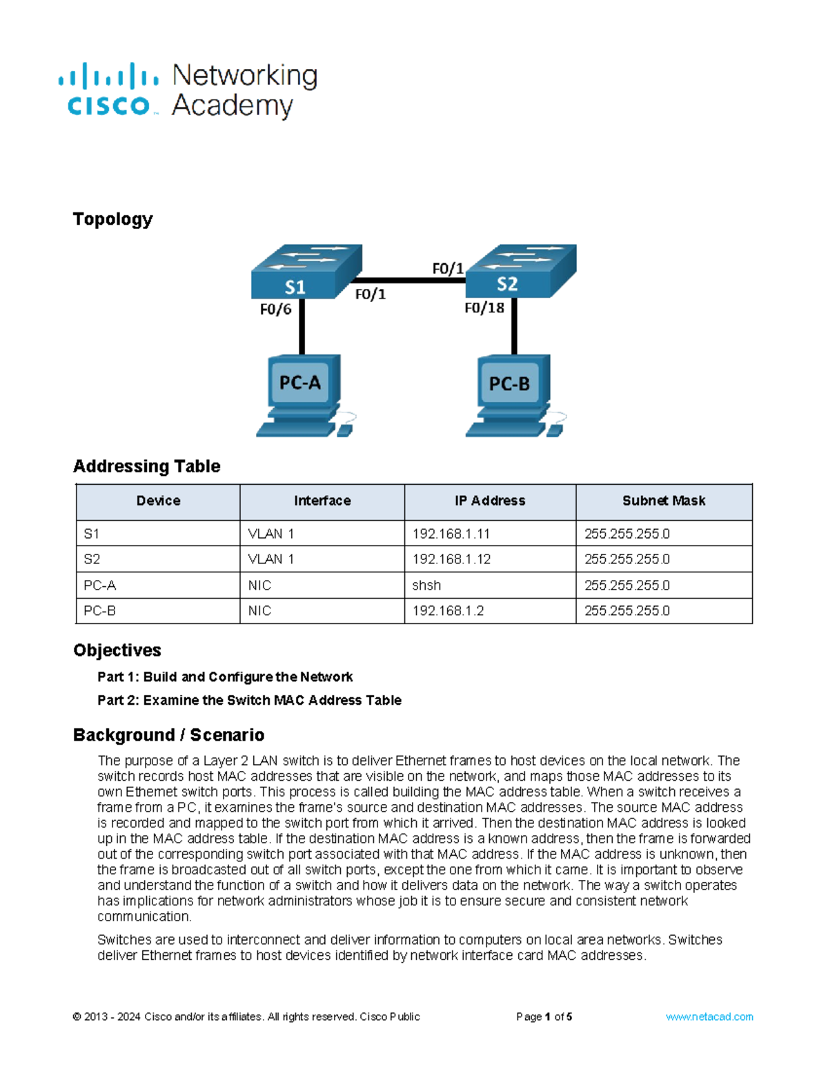 7.3.7 Lab - View the Switch MAC Address Table - Topology Addressing Table Device Interface IP ...