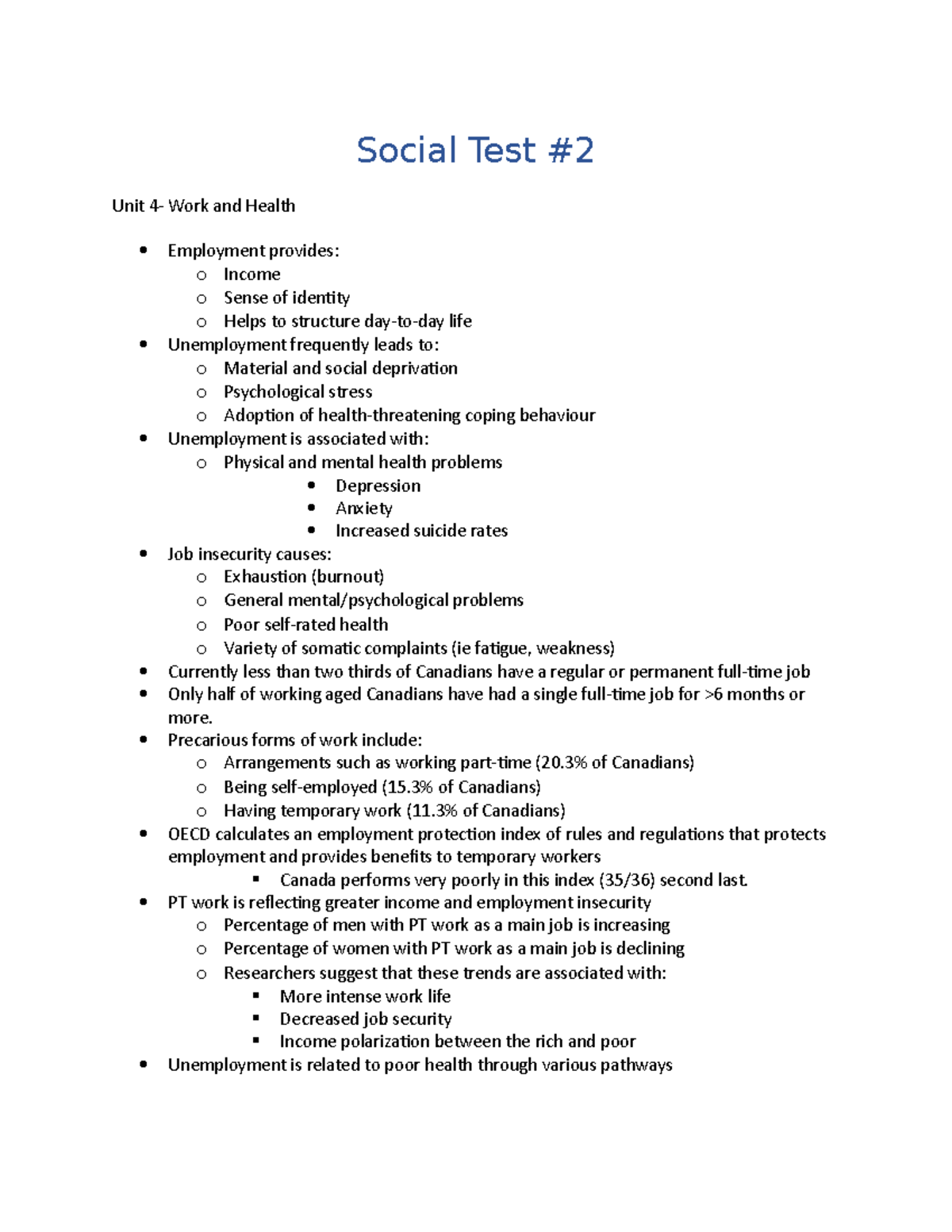 SDOH Test 2 Review - unit 4 work and health - Social Test Unit 4- Work ...