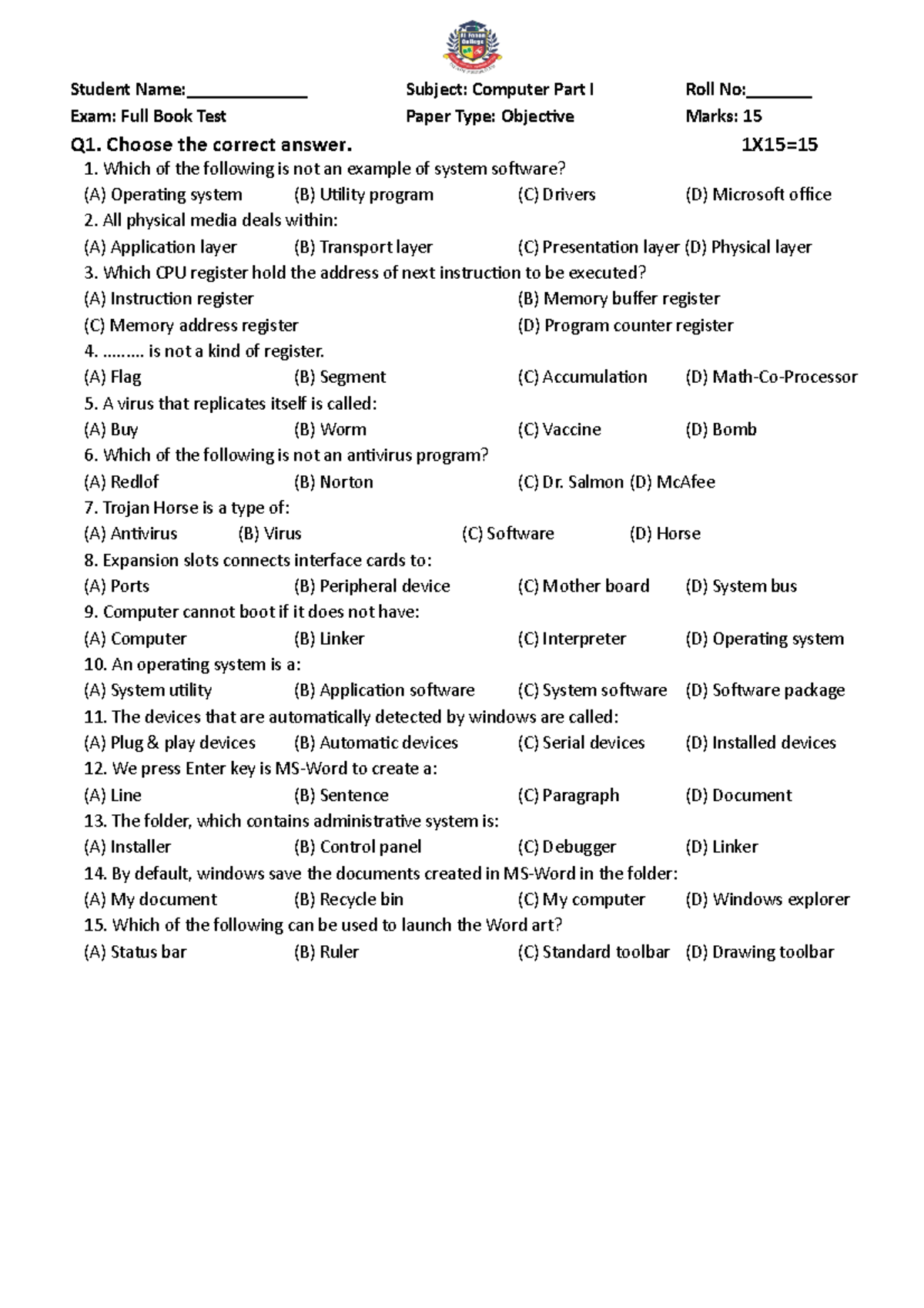 Computer Part I Full Book Paper - Student Name:_____________ Subject ...