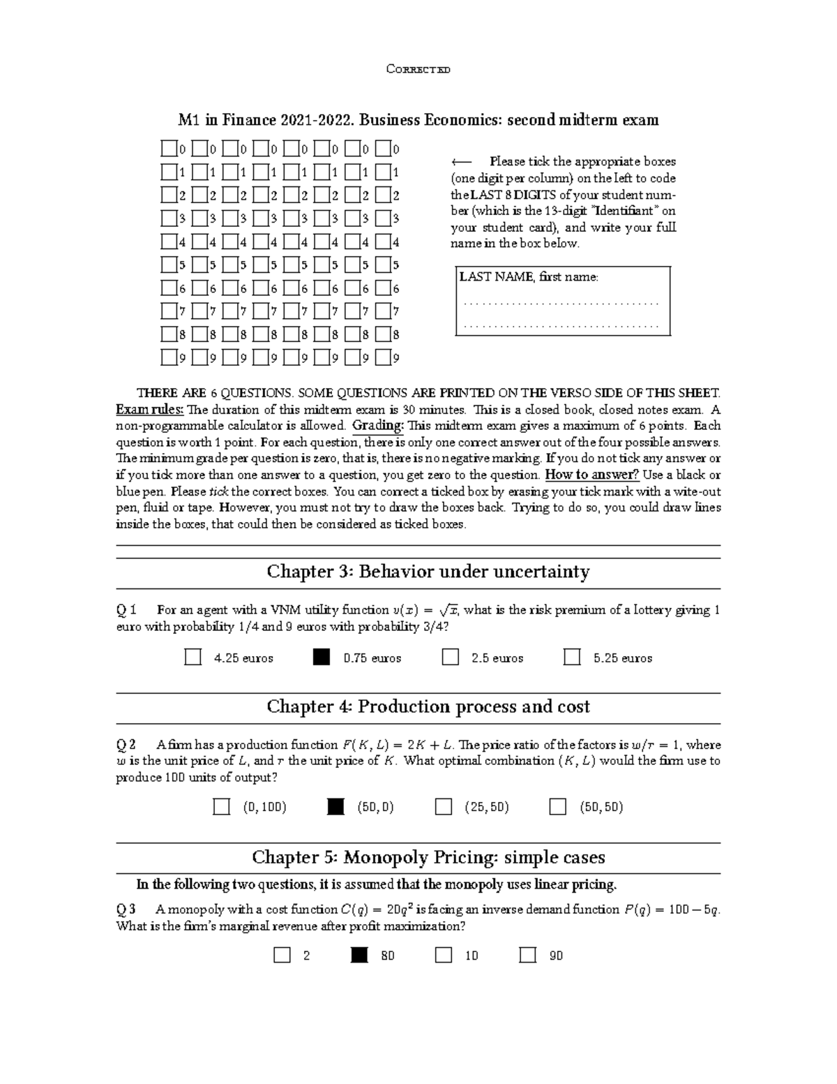 Bus Econ 2021-2022 midterm 2 (solutions) - CoRRected M1 in Finance 2021 ...