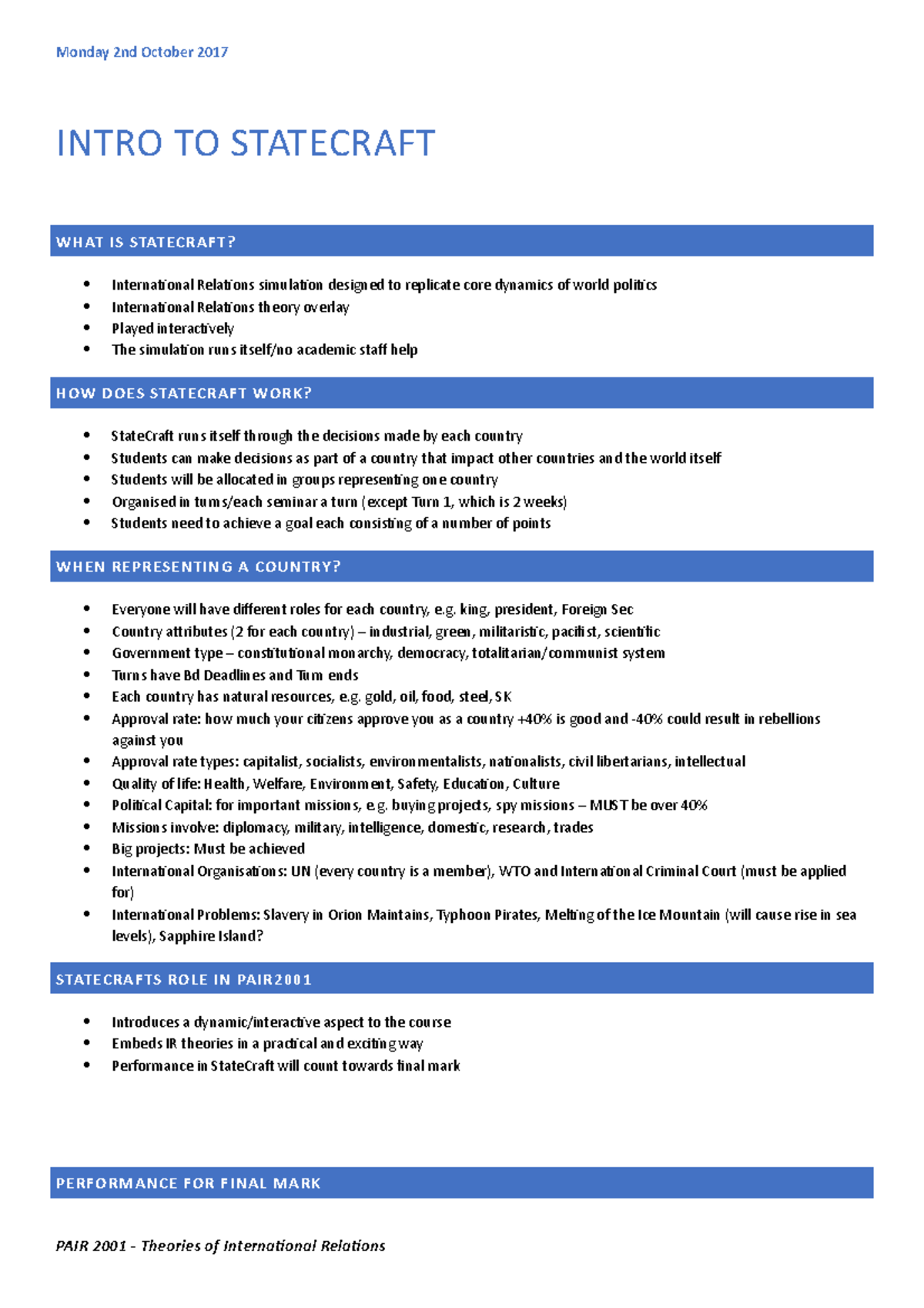 Intro to State Craft - Monday 2nd October 2017 INTRO TO STATECRAFT WHAT ...