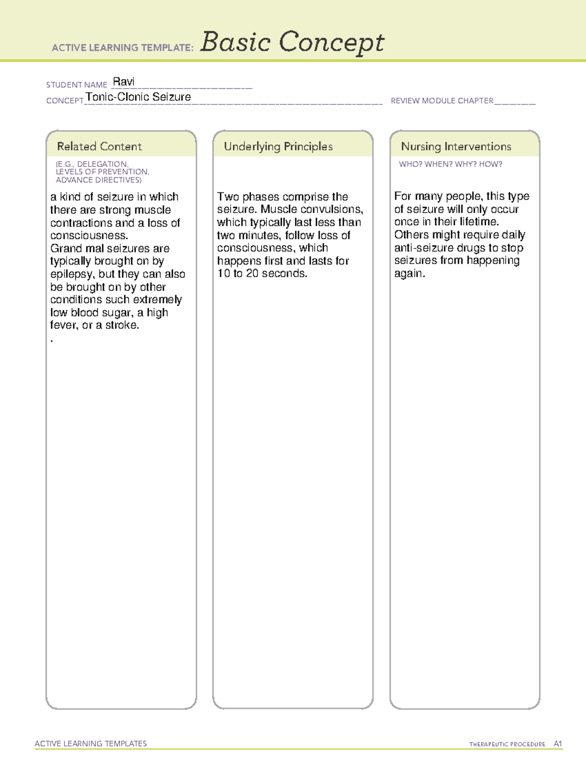Peds cms 1 - VN 200 - ACTIVE LEARNING TEMPLATES TherapeuTic procedure A ...